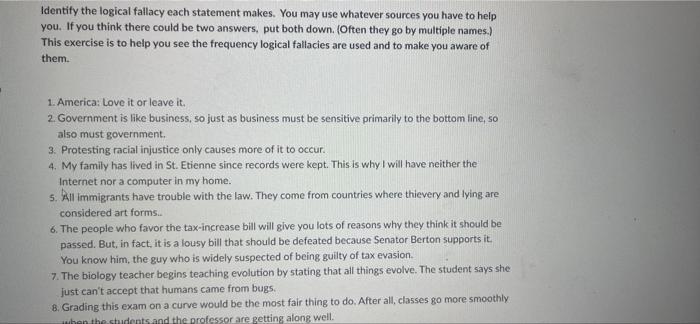 Solved Identify the logical fallacy each statement makes. | Chegg.com