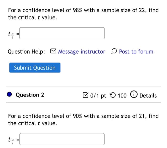 Solved For a confidence level of 98% with a sample size of | Chegg.com