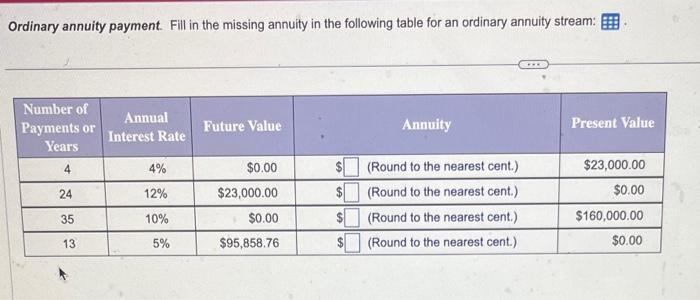 Solved Ordinary annuity payment. Fill in the missing annuity | Chegg.com