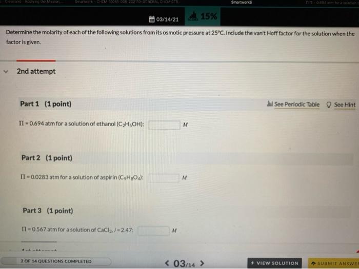 Solved Smartwork 03/14/21 15% Determine the molarity of each | Chegg.com