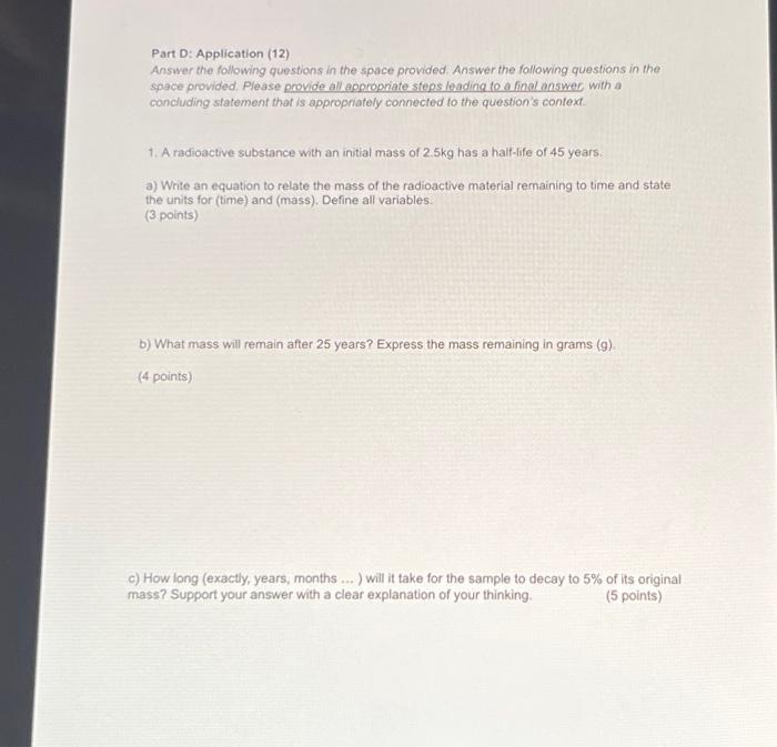Solved Part D: Application (12) Answer the following | Chegg.com