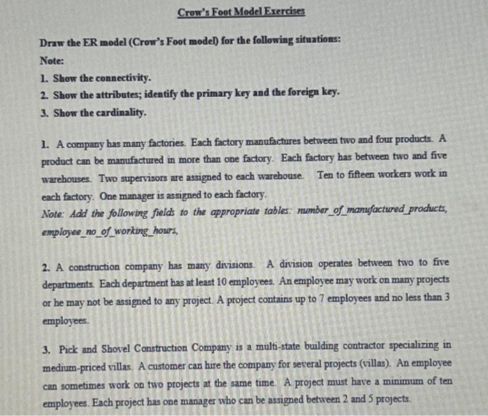 Solved Draw the ER model (Crow's Foot model) for the | Chegg.com