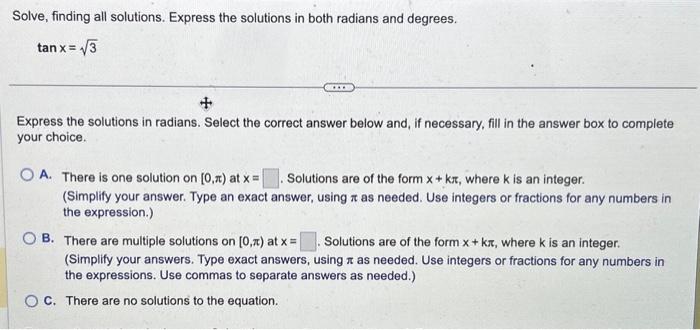Solved Solve, finding all solutions. Express the solutions | Chegg.com