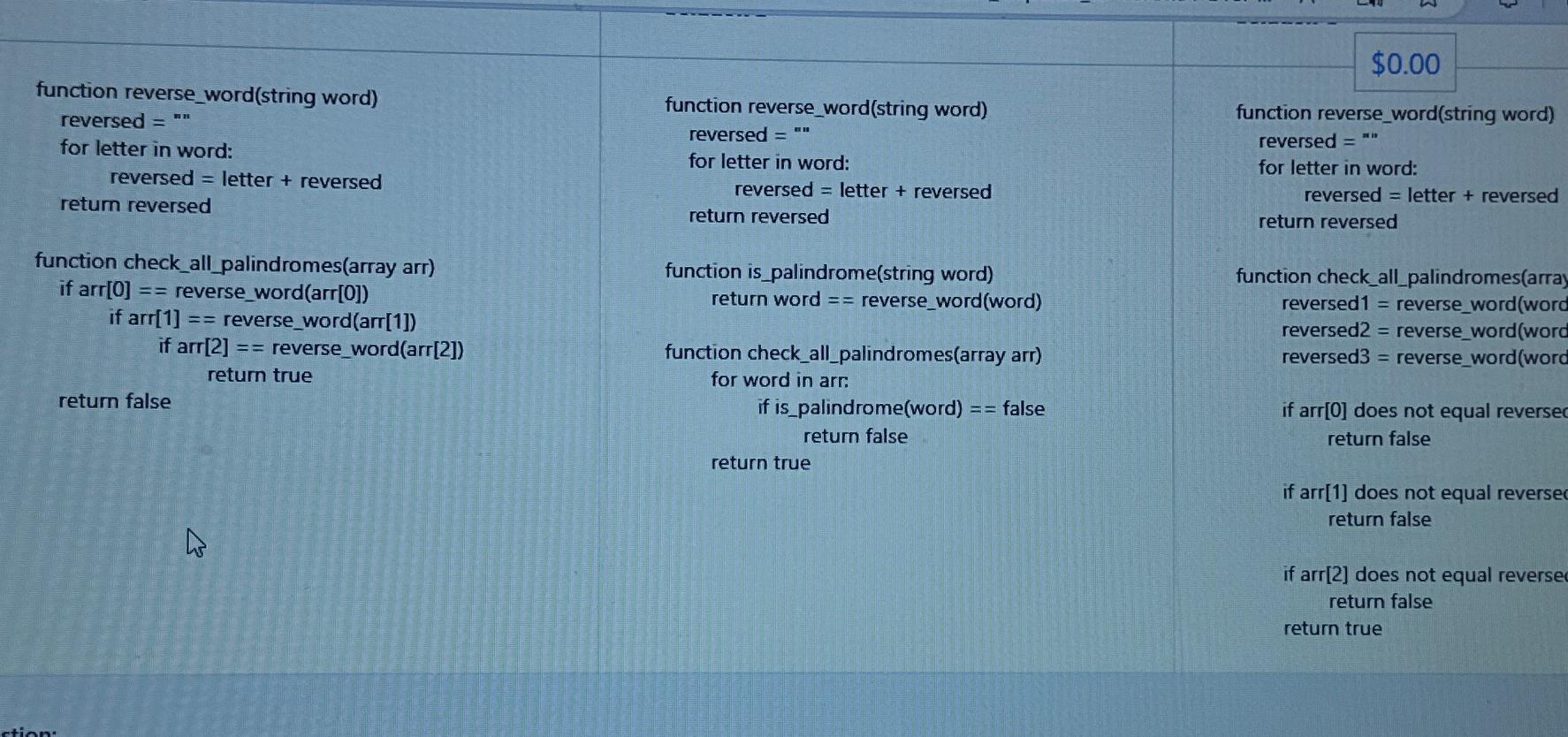 Solved $0.00function reverse_word(string word)reversed | Chegg.com