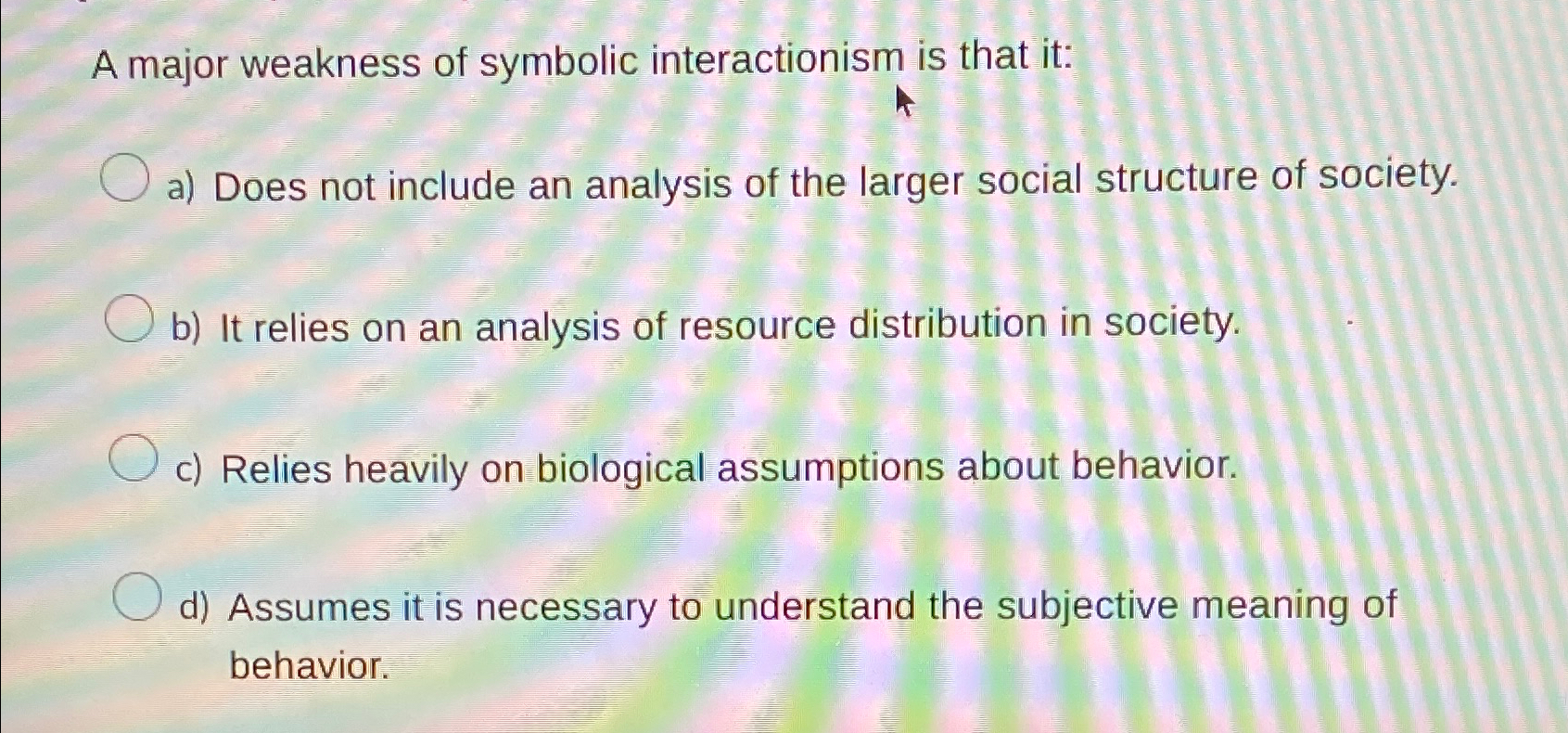 Solved A major weakness of symbolic interactionism is that | Chegg.com