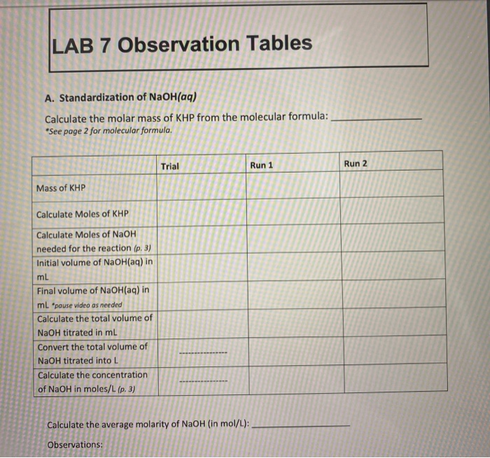 Solved LAB 7 Observation Tables A. Standardization of | Chegg.com