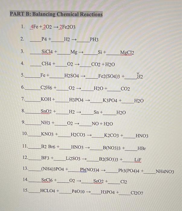 Solved ART B: Balancing Chemical Reactions 1. 4Fe+2O2→2Fe2O3 | Chegg.com