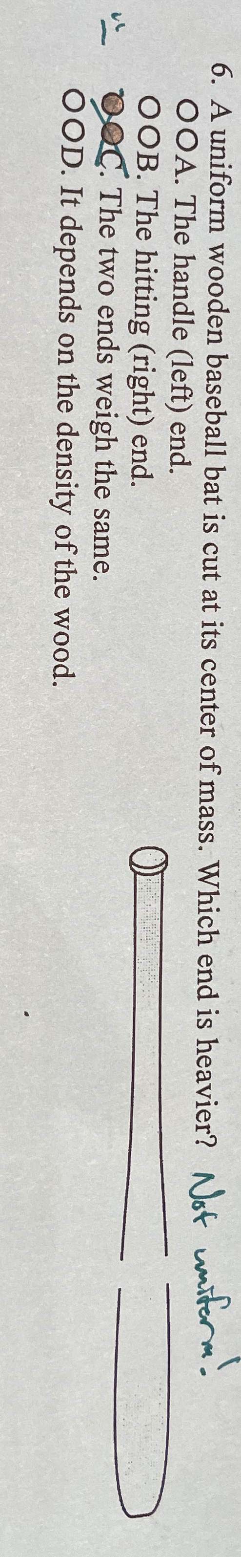 Solved A uniform wooden baseball bat is cut at its center of | Chegg.com