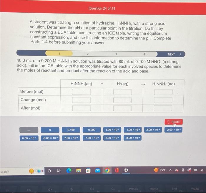Solved A student was titrating a solution of hydrazine, | Chegg.com