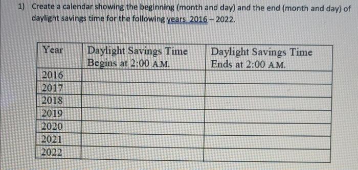Solved 1) Create a calendar showing the beginning (month and | Chegg.com