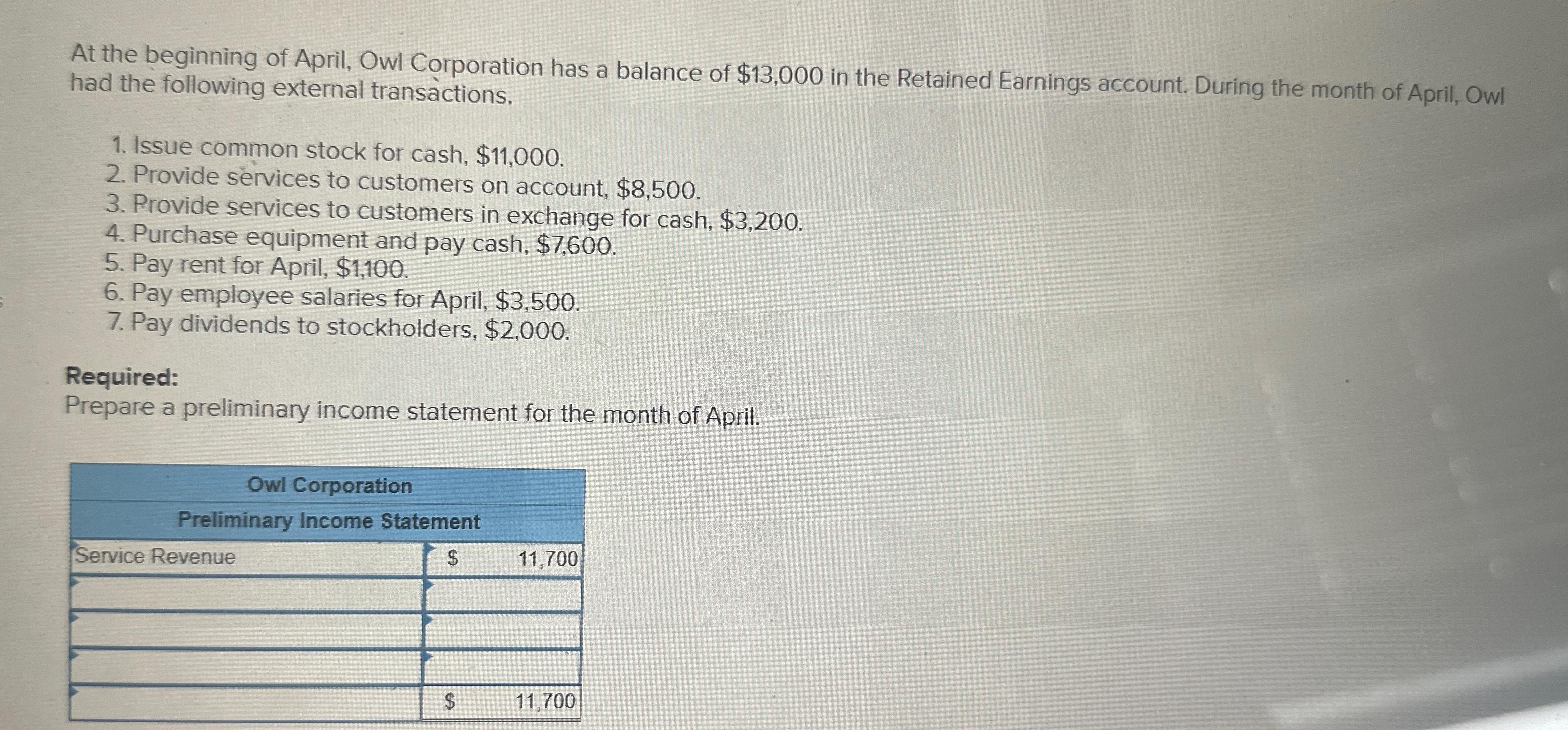 Solved At the beginning of April, Owl Corporation has a | Chegg.com