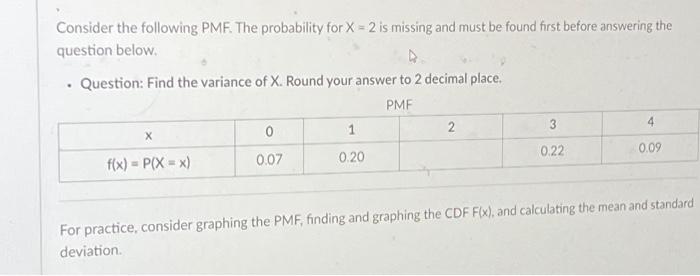 Solved Consider the following PMF. The probability for X = 2 | Chegg.com