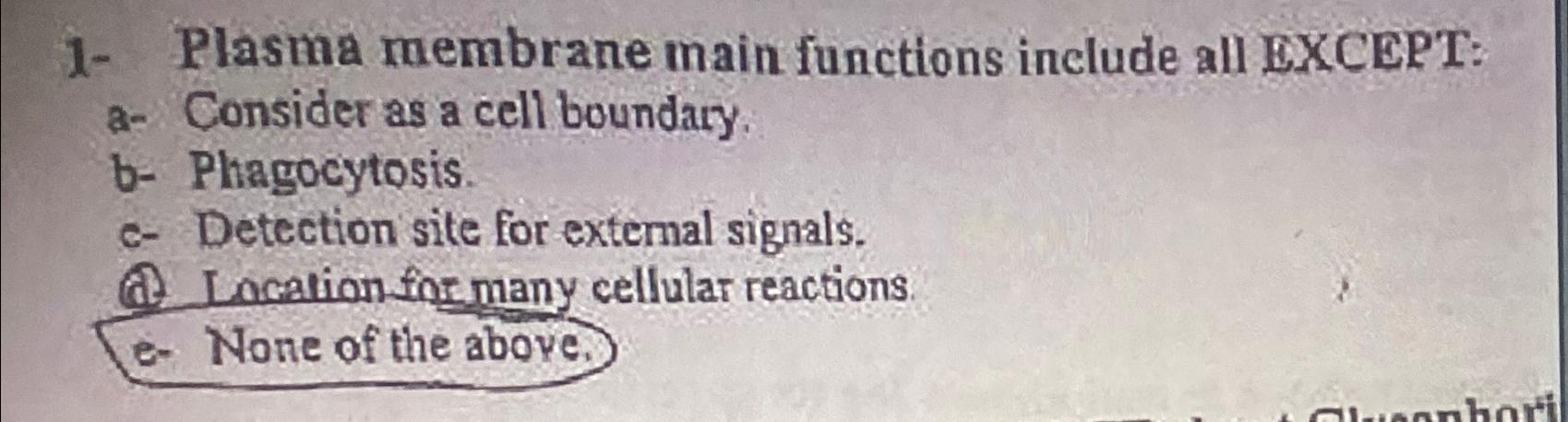 Solved 1- ﻿Plasma membrane main functions include all | Chegg.com