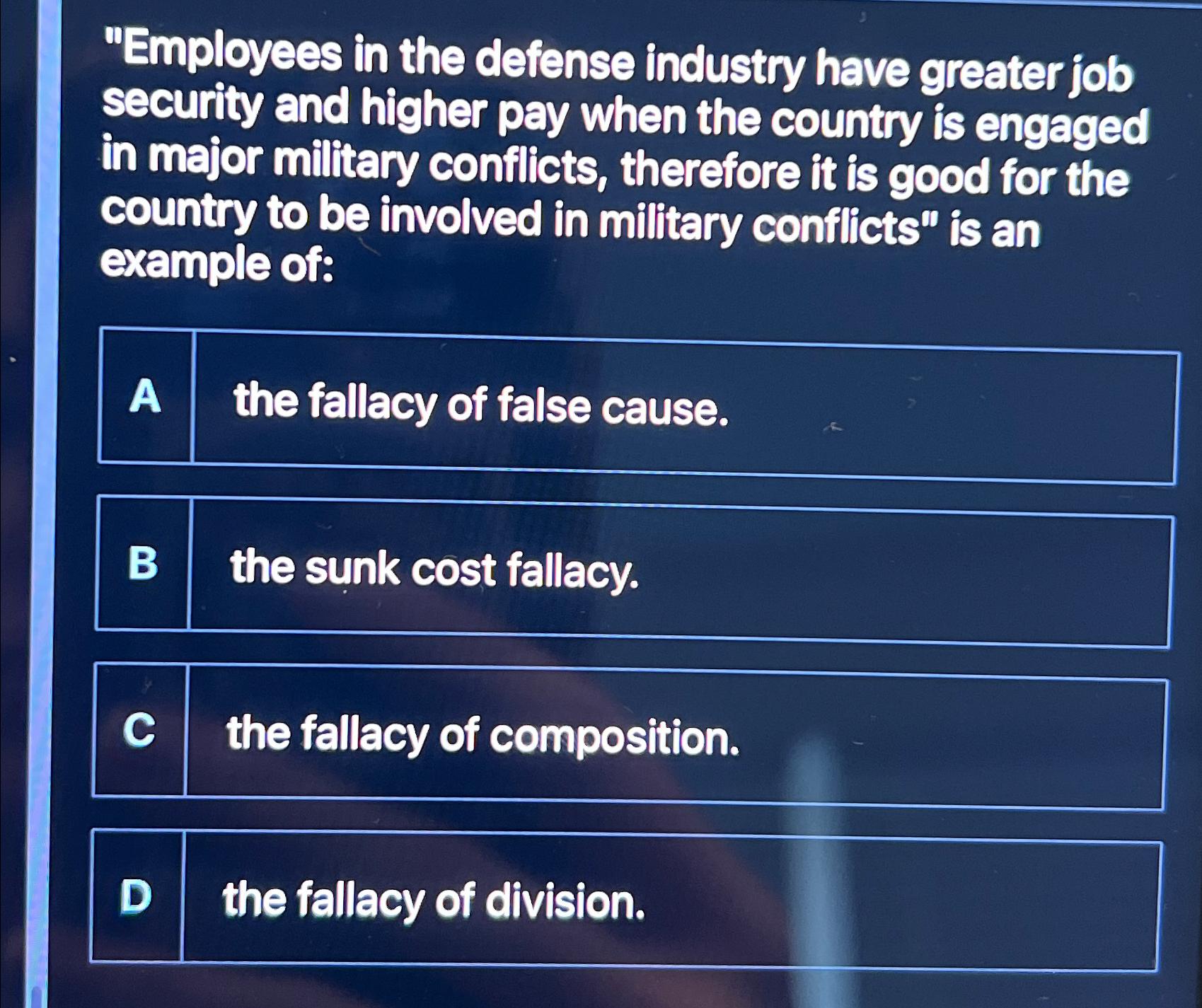 Solved "Employees in the defense industry have greater job | Chegg.com