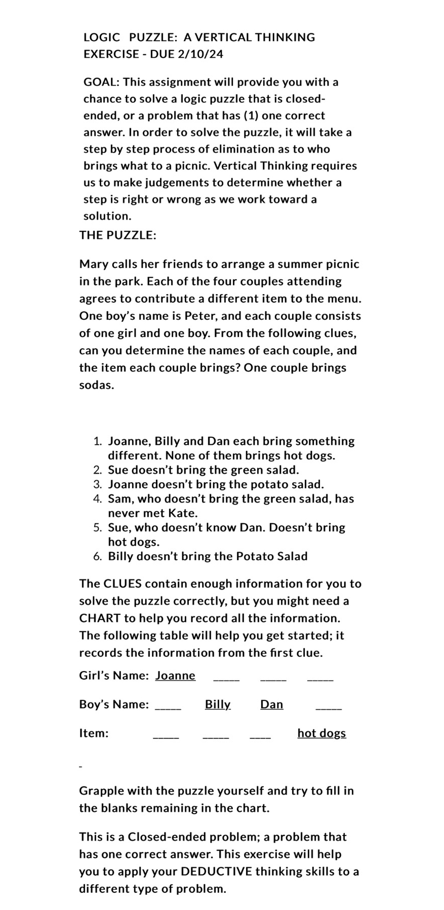 Logic Puzzle A Vertical Thinking Exercise. | Chegg.com