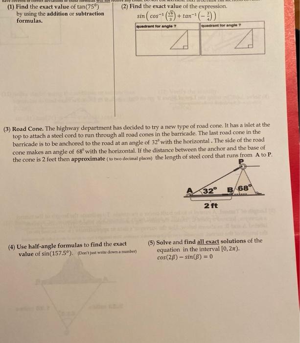 Solved (1) Find the exact value of tan(75) by using the | Chegg.com