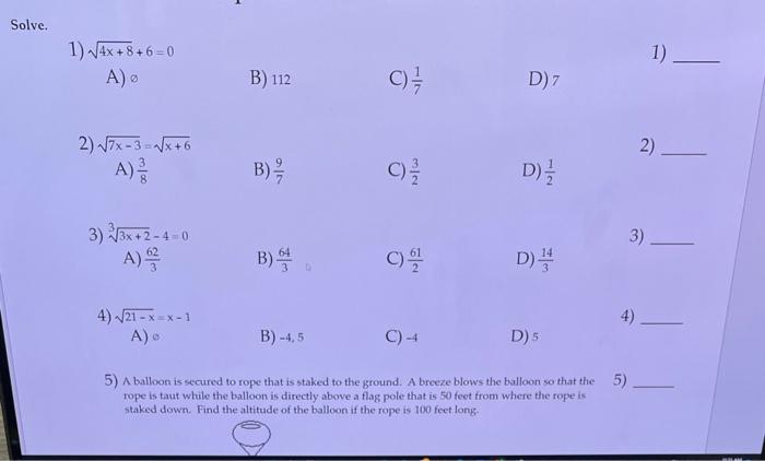 Solved Solve. 1) 4x+8+6=0 1) A) ∅ B) 112 C) 71 D) 7 2) | Chegg.com