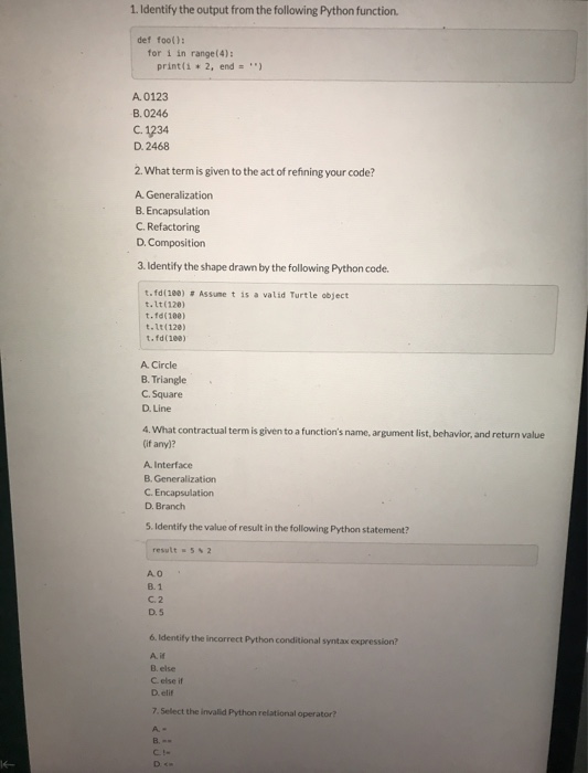 Solved 1 Identify The Output From The Following Python 2253