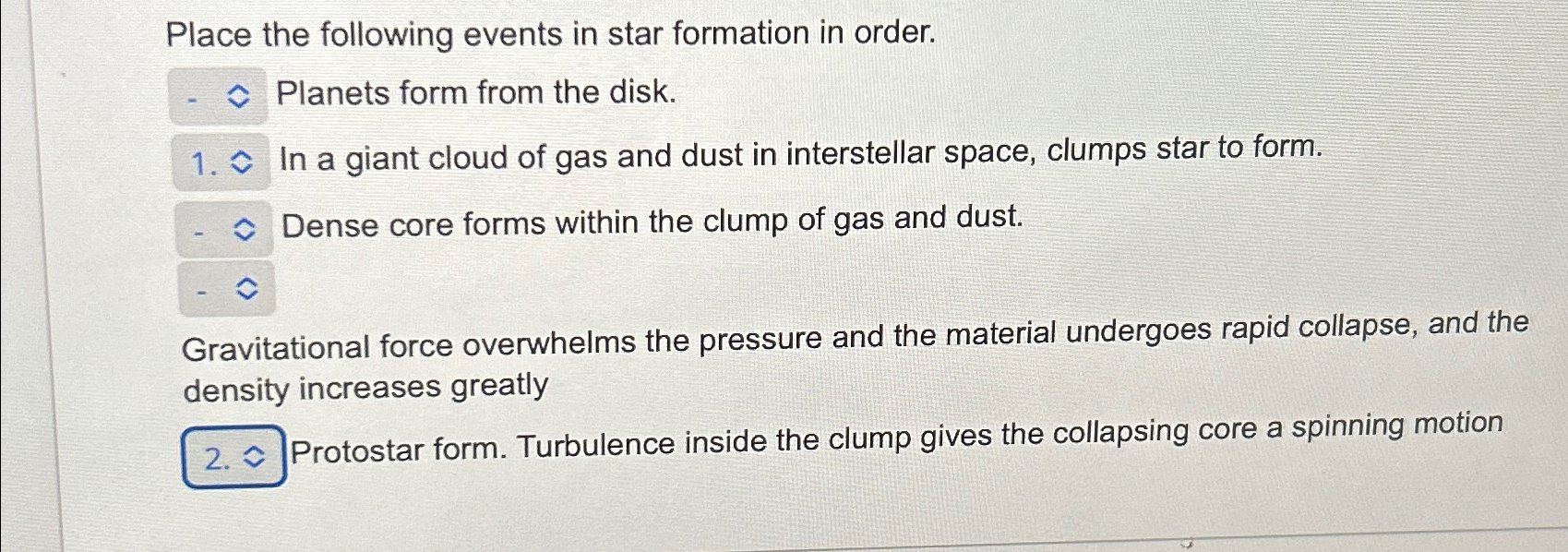 Solved Place the following events in star formation in | Chegg.com