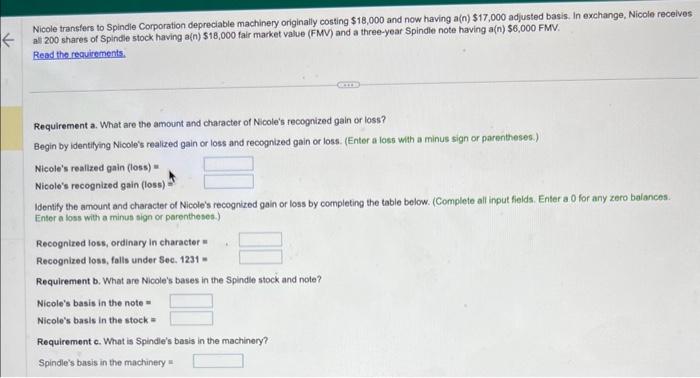 Solved Nicole transfers to Spindle Corporation depreciable | Chegg.com
