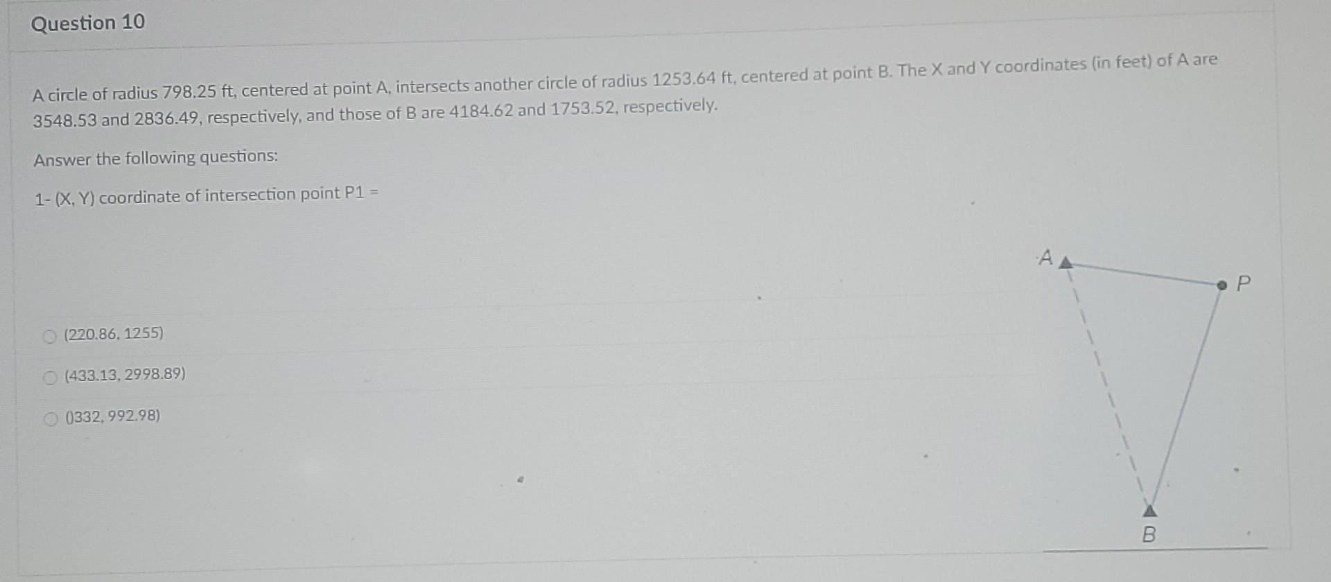 Solved A circle of radius 798.25ft, centered at point A, | Chegg.com