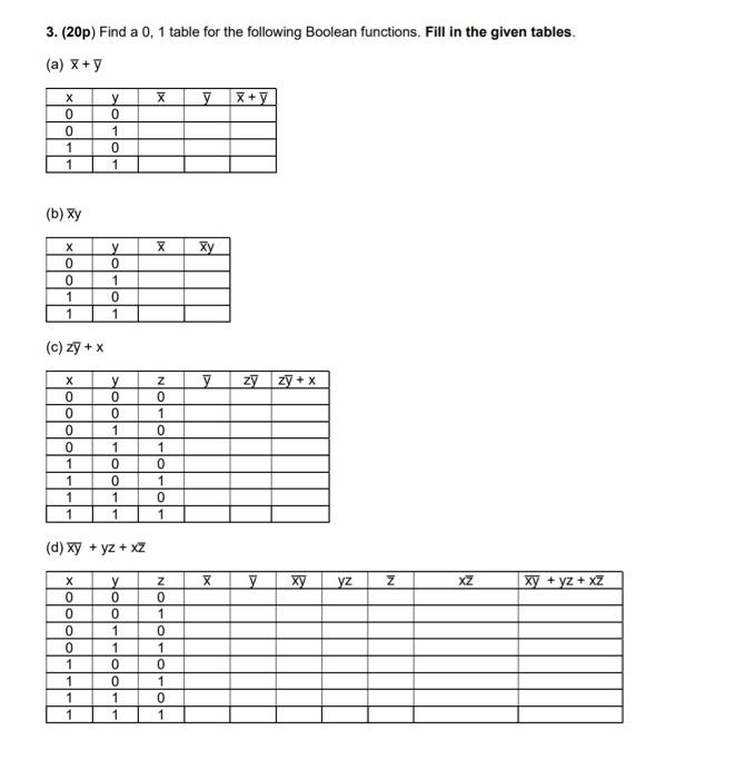 Solved 3. (20p) Find a 0,1 table for the following Boolean | Chegg.com