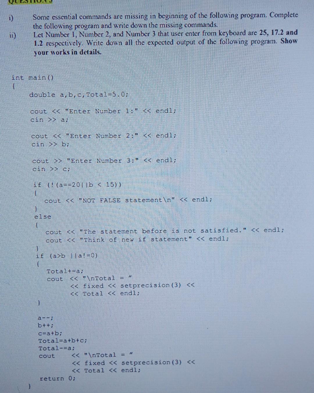 Solved 1) 11) Some essential commands are missing in | Chegg.com
