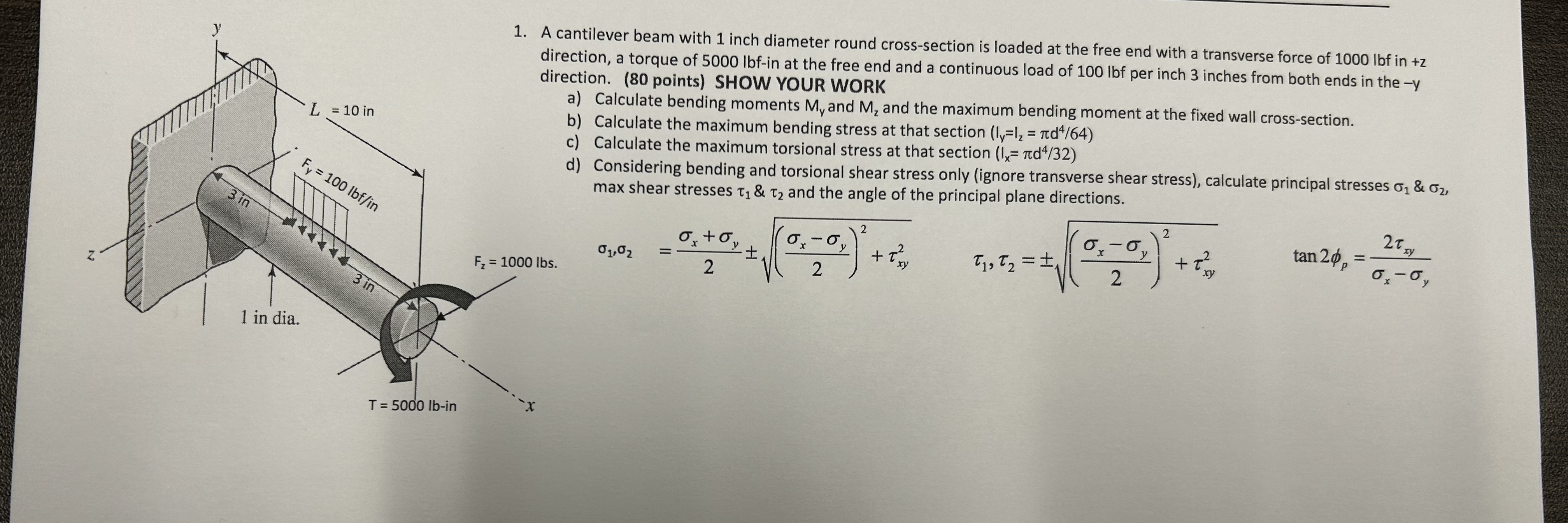 Solved A cantilever beam with 1 ﻿inch diameter round | Chegg.com