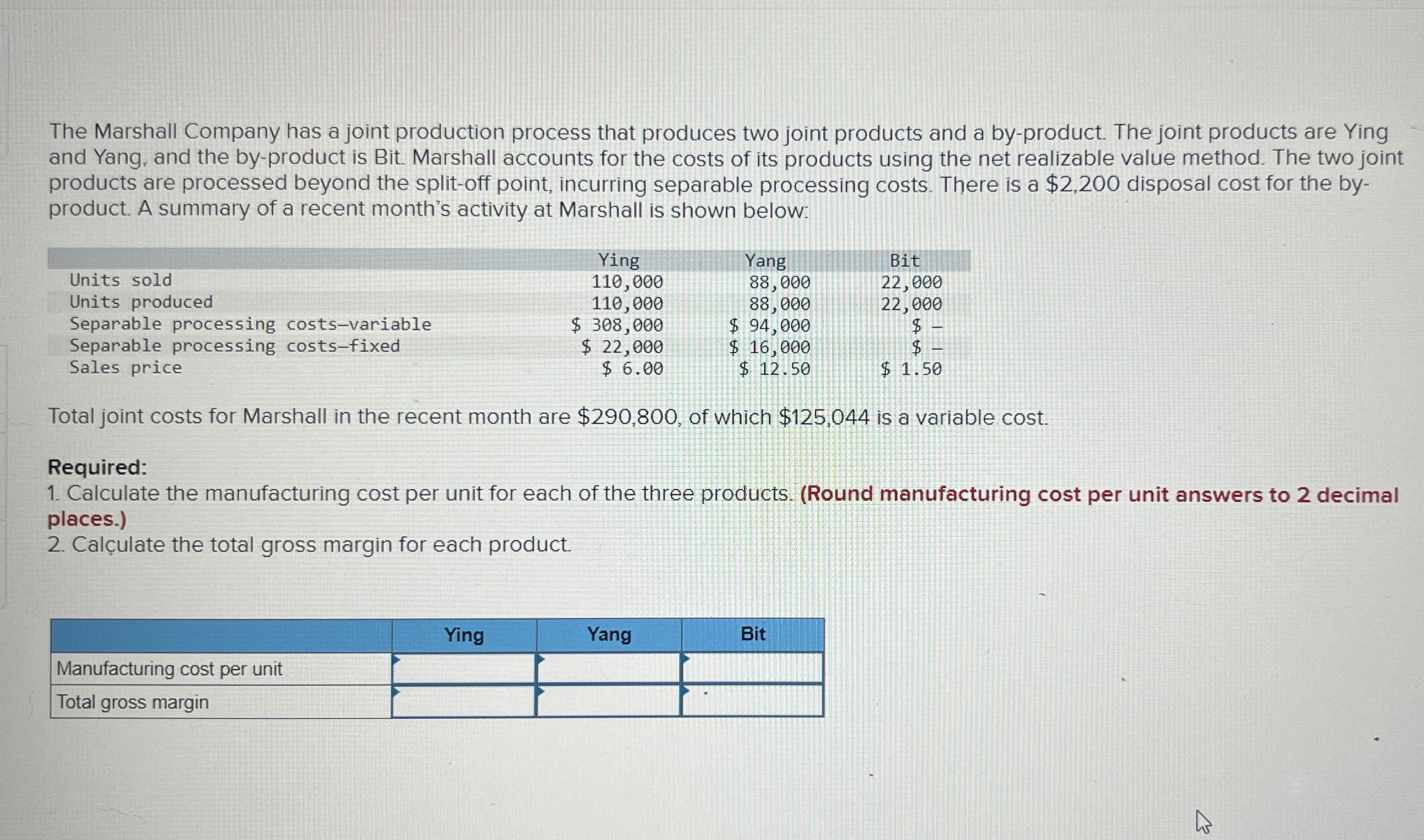 Solved The Marshall Company has a joint production process | Chegg.com