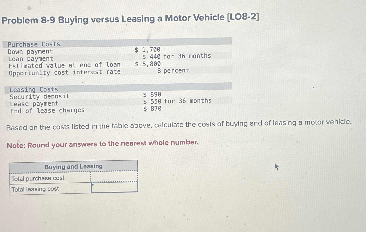 Solved Problem 8-9 ﻿Buying versus Leasing a Motor Vehicle | Chegg.com