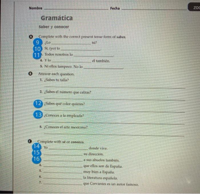 Nombre Fecha ZOC Gramática saber y conocer مار 9 | Chegg.com