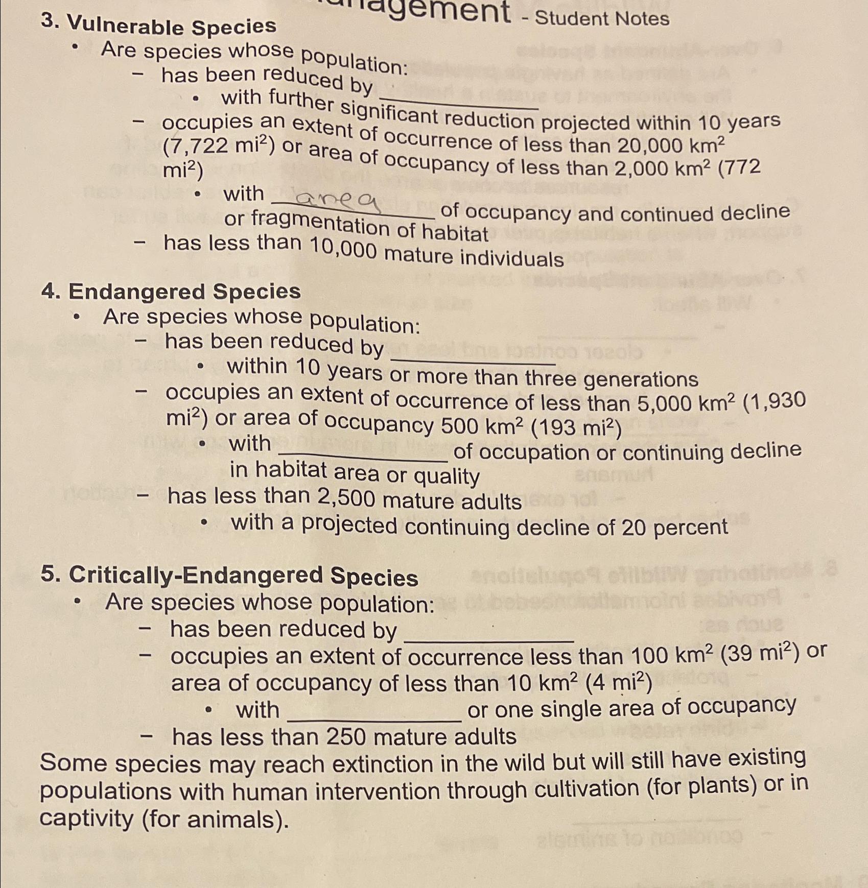 Solved Vulnerable SpeciesAre species whose population:has | Chegg.com