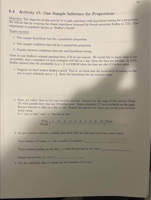 Solved 6.4 Activity 17: One Sample Inference for Proportions | Chegg.com