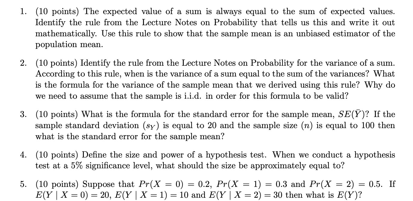 Solved (10 ﻿points) ﻿The expected value of ﻿a sum is ﻿always | Chegg.com