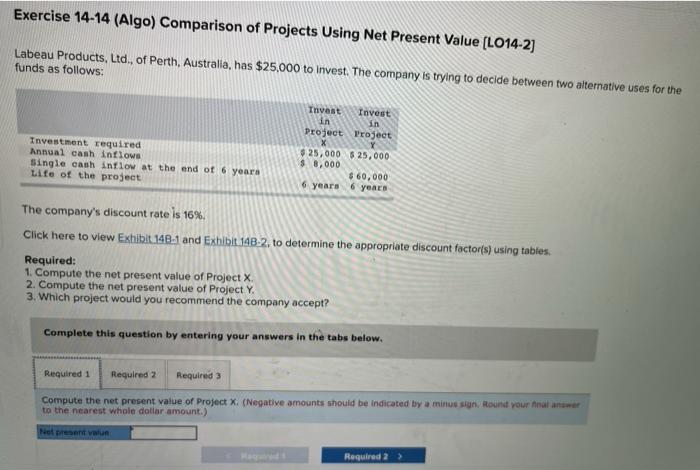Solved Exercise 14-14 (Algo) Comparison of Projects Using | Chegg.com