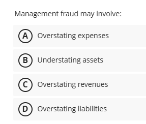 Solved Management fraud may involve:(A) ﻿Overstating | Chegg.com