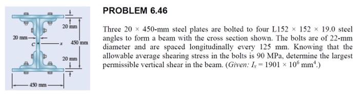 Three 20×450−mm steel plates are bolted to four L152 | Chegg.com