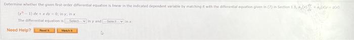 Solved (y2)−1)x˙+x+xy=0lny; in = The stifferential equotion | Chegg.com