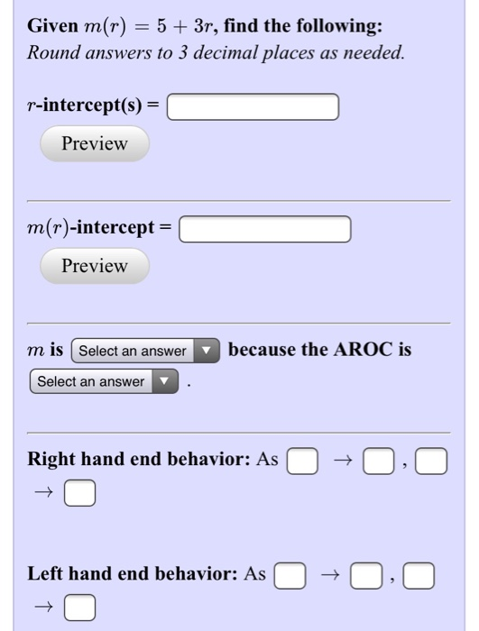 Solved Given m(r) = 5 + 3r, find the following: Round | Chegg.com