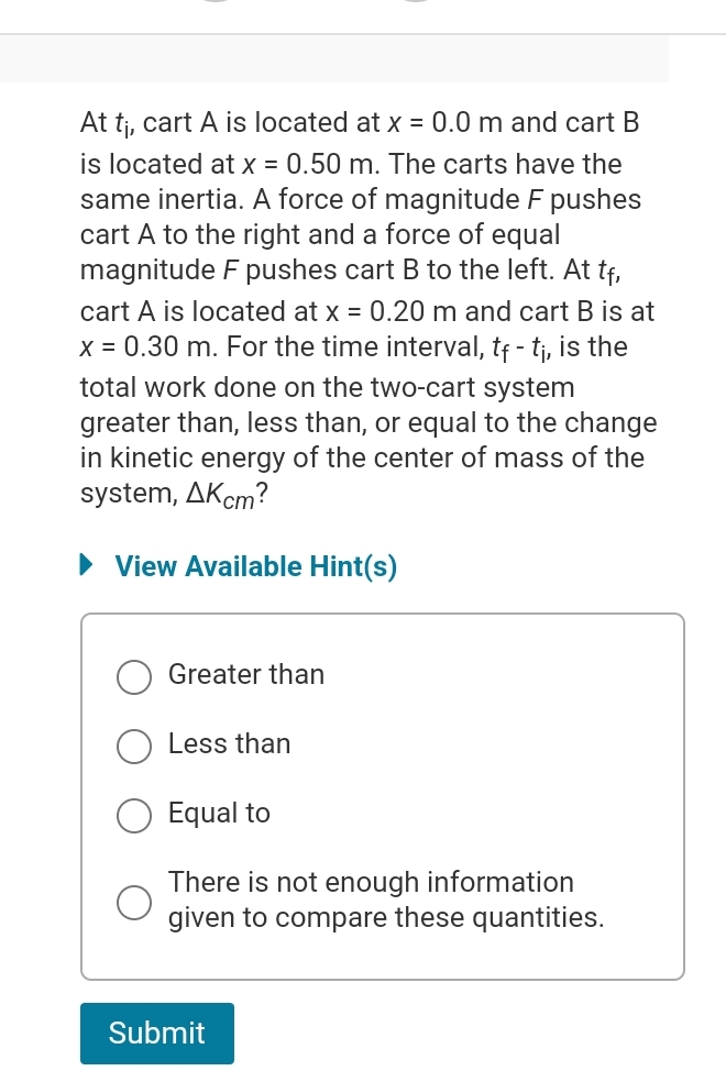 Solved At ti, ﻿cart A ﻿is located at x=0.0m ﻿and cart B ﻿is | Chegg.com
