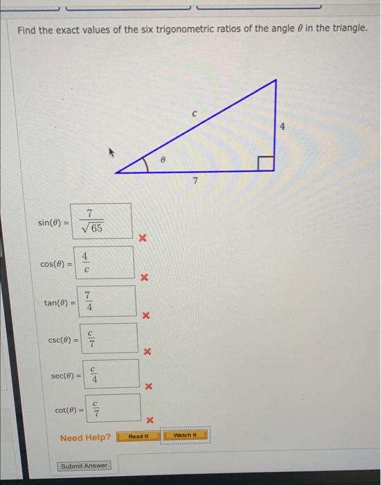 Solved Find the exact values of the six trigonometric ratios | Chegg.com