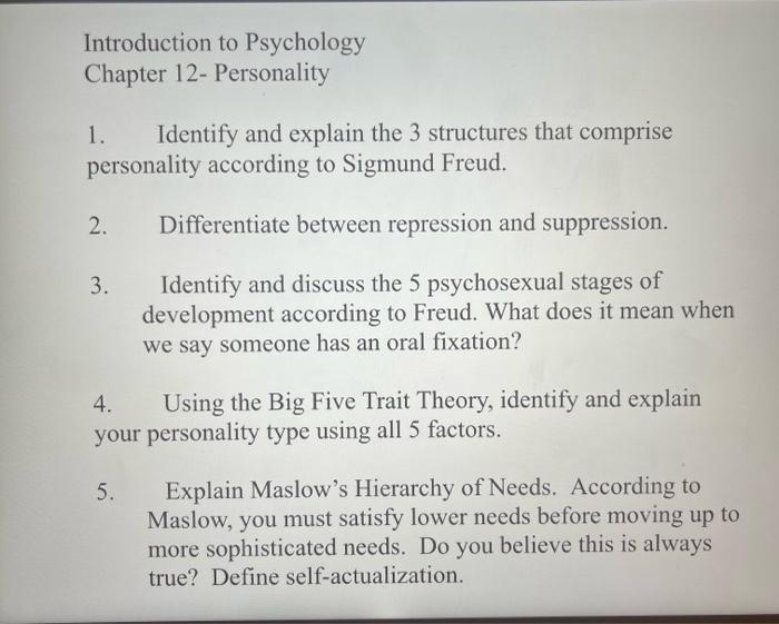 Solved Chapter 12- Personality 1. Identify and explain the 3 | Chegg.com