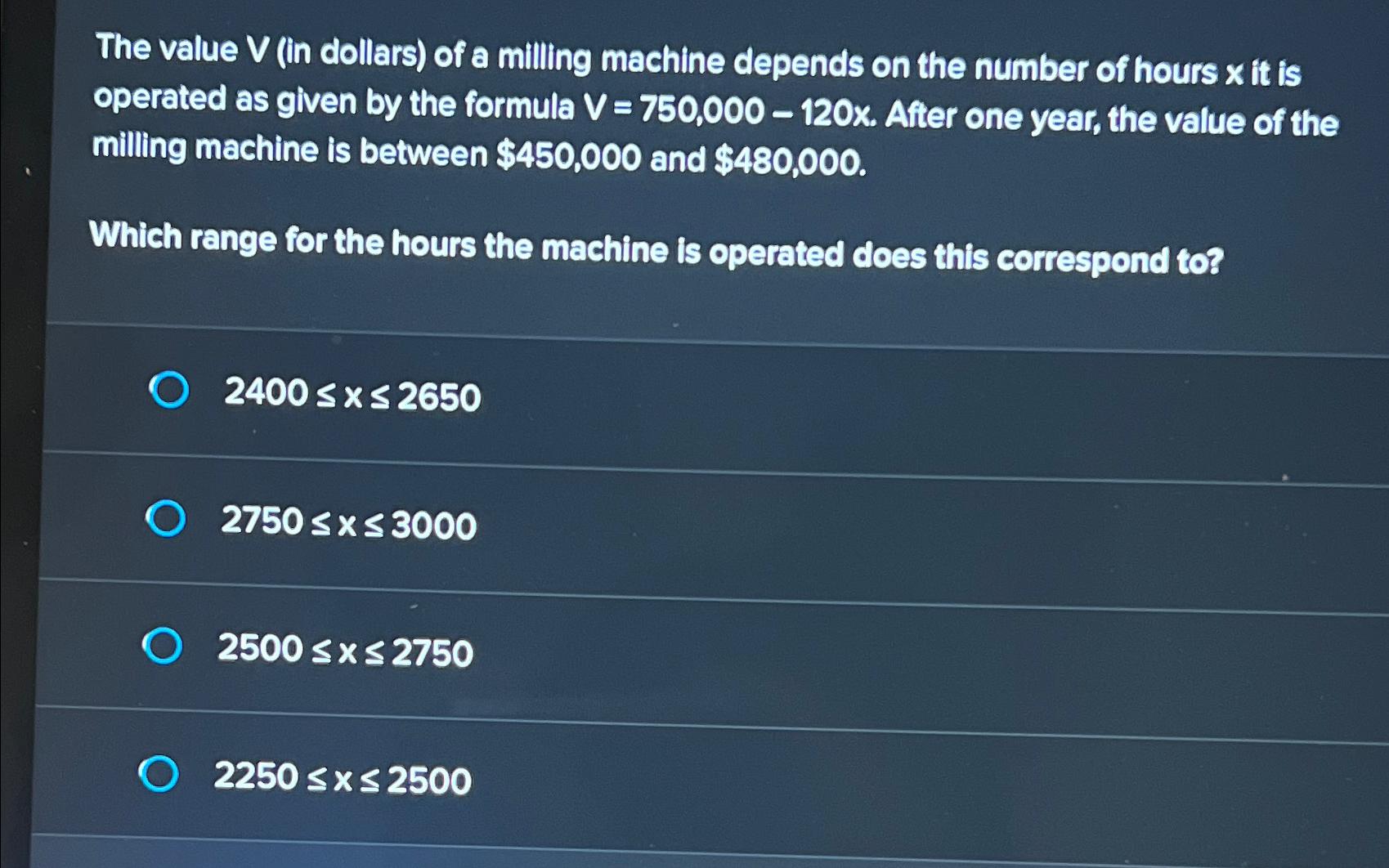 Solved The value V (in dollars) ﻿of a milling machine | Chegg.com