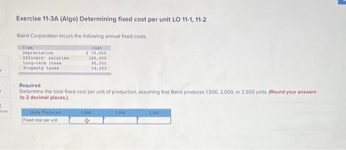 Solved Exercise 11-3A (Algo) Determining fixed cost per unit | Chegg.com