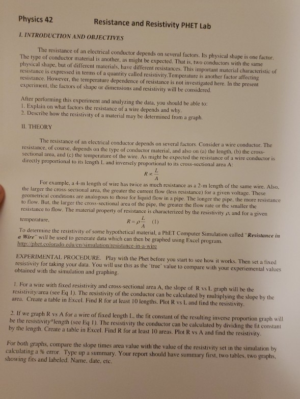 Solved Physics 42 Resistance and Resistivity PHET Lab 1. | Chegg.com