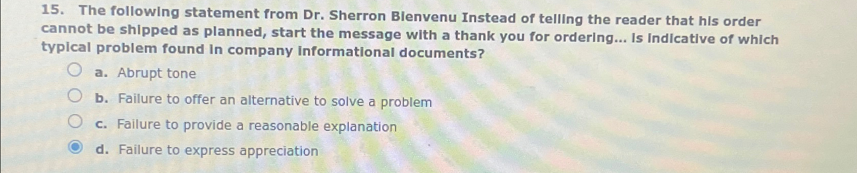 Solved The following statement from Dr. ﻿Sherron Blenvenu | Chegg.com