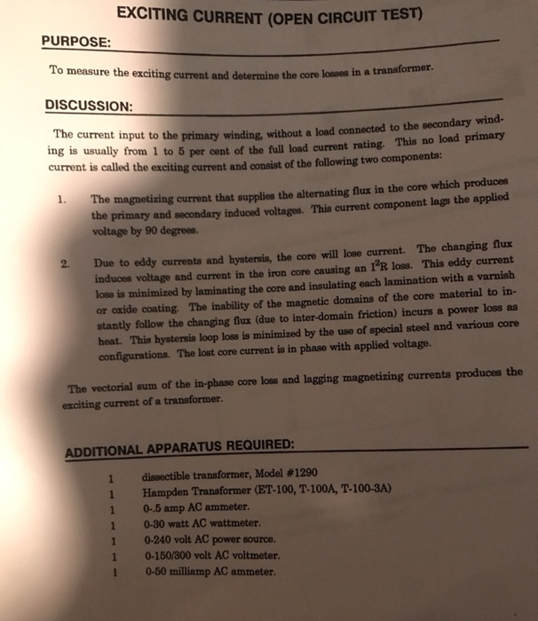 EXCITING CURRENT (OPEN CIRCUIT TEST) PURPOSE: To | Chegg.com