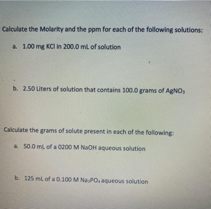 Solved Calculate the Molarity and the ppm for each of the | Chegg.com