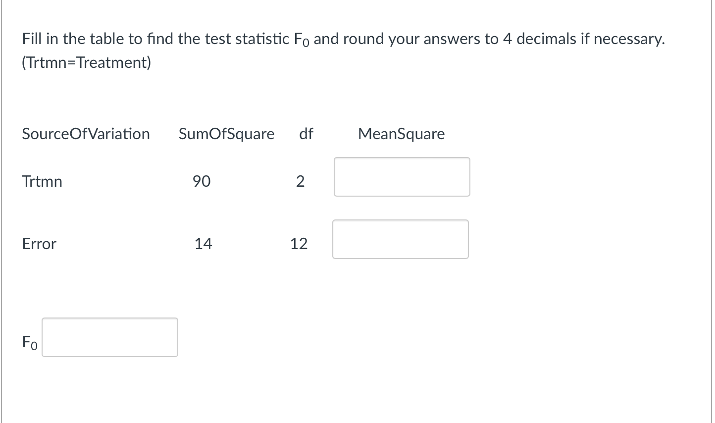 Solved Fill in the table to find the test statistic F0 ﻿and | Chegg.com