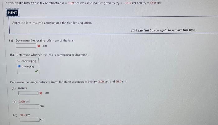 Solved thin plastic lens with index of refraction n=1.69 has | Chegg.com